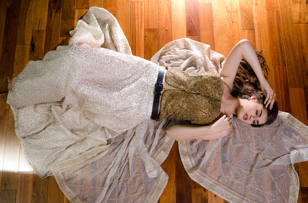 3 Piece Tolla work Lehenga with Dusty Gold Sequin Top Set – BRIN ...