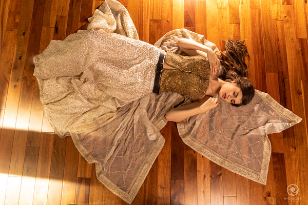 3 Piece Tolla work Lehenga with Dusty Gold Sequin Top Set – BRIN ...